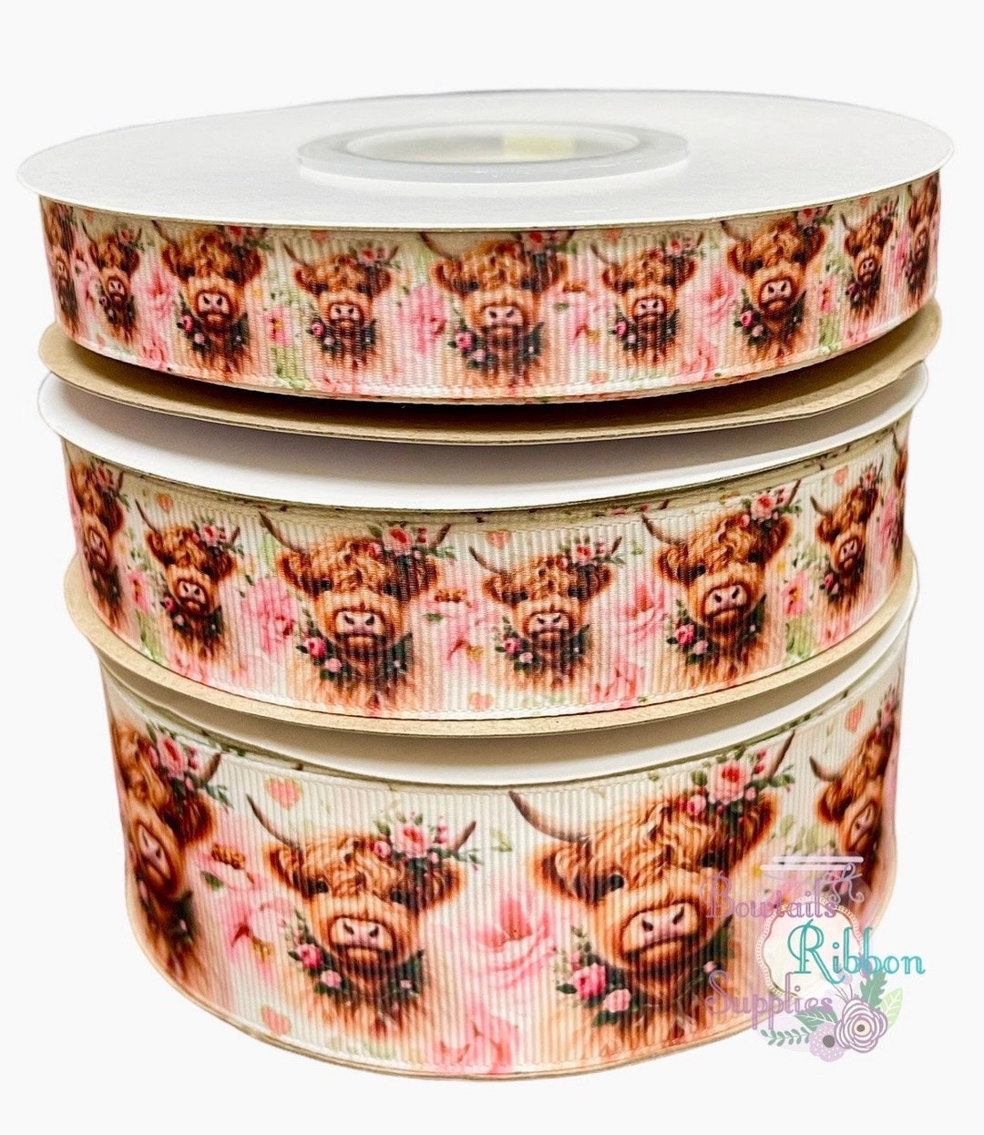 USDR Designer Ribbon, Highland Cows, Floral Ribbon - 5/8", 7/8", 1.5 ...