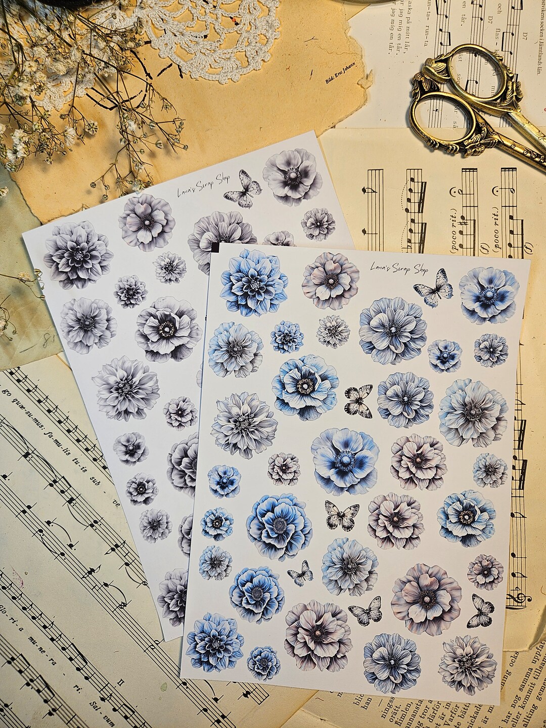 Grey / Grey-blue Flowers Stickers Sheet A6 Scrapbooking Card Making Art ...