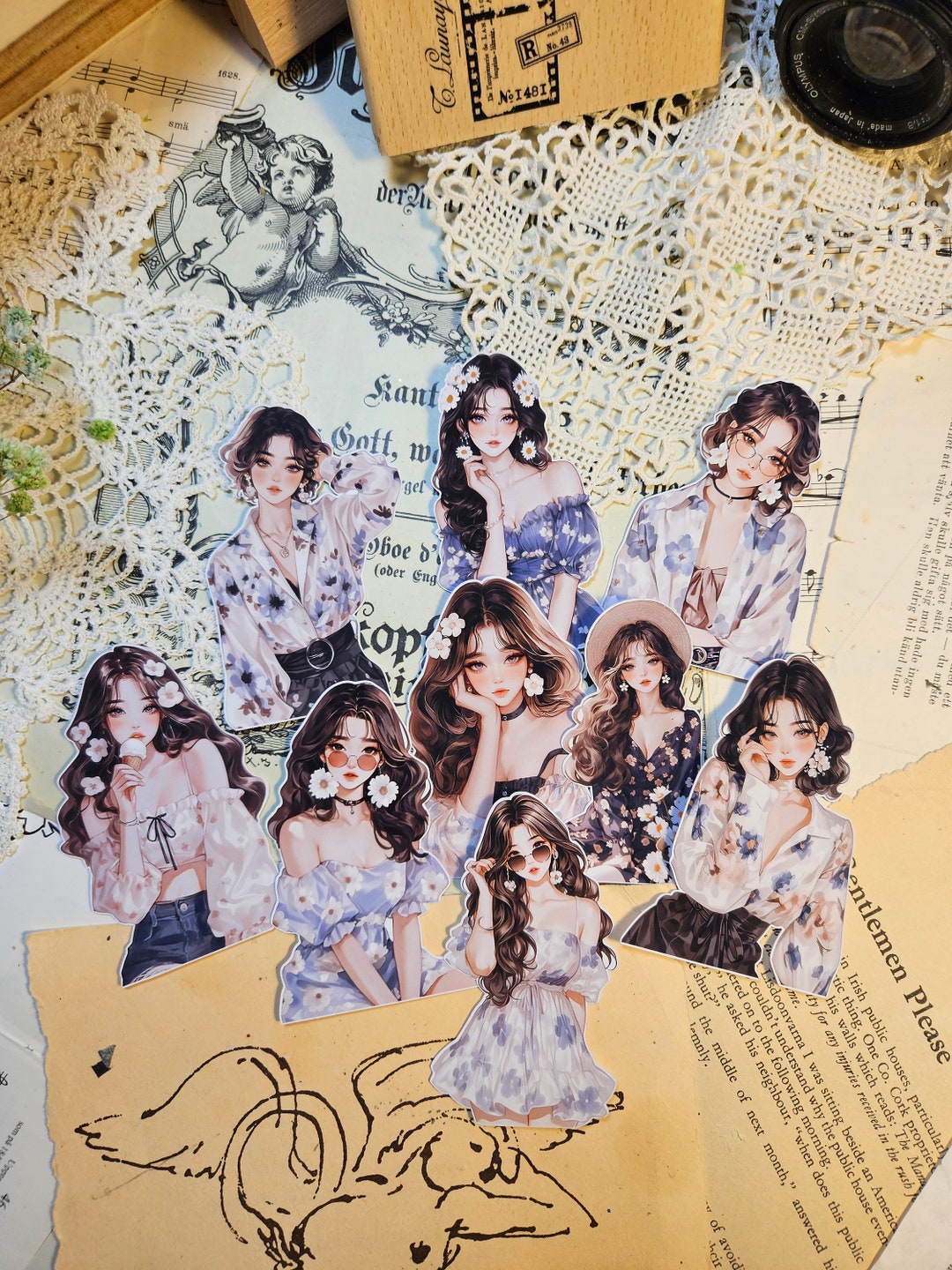 KOREAN SERIE: Summer Blue Girls, Set of 9 Stickers Scrapbooking Card ...