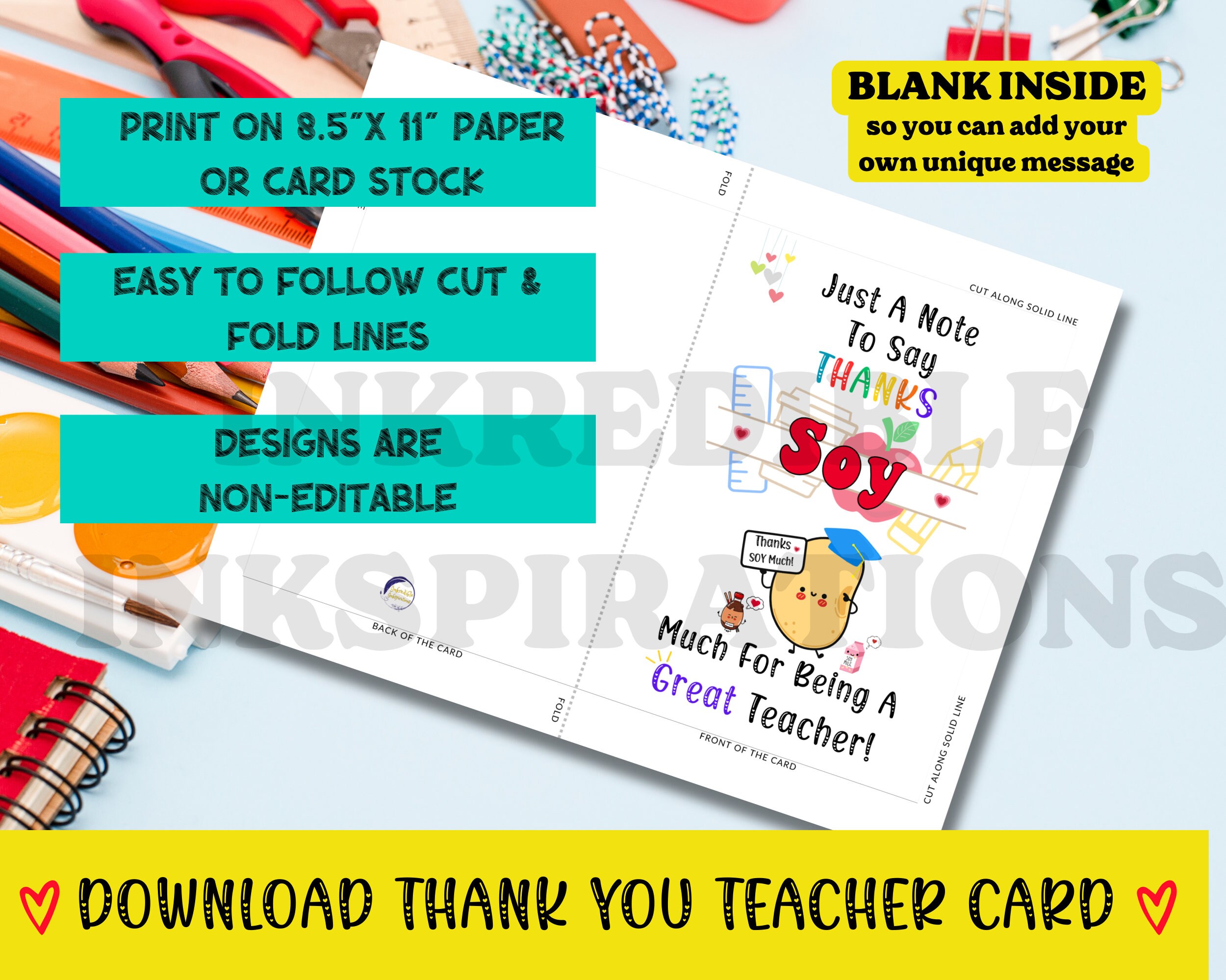 End of Year Card for Teacher Day Card End of Year Teacher Gift Thank ...