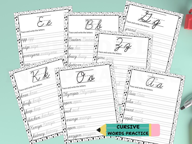 Cursive Words Handwriting Practice Worksheet Digital Printable Learning ...