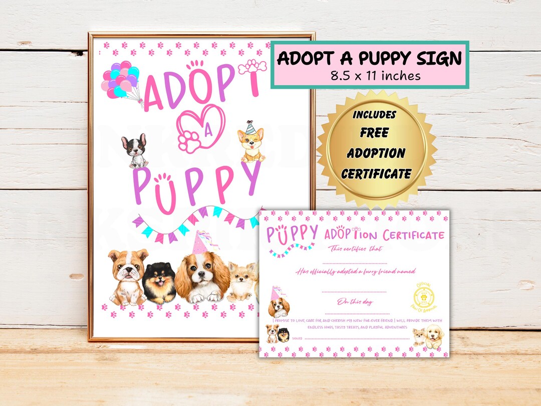 Pet Adoption Party Sign Digital Download Puppy Adoption Certificate Dog ...