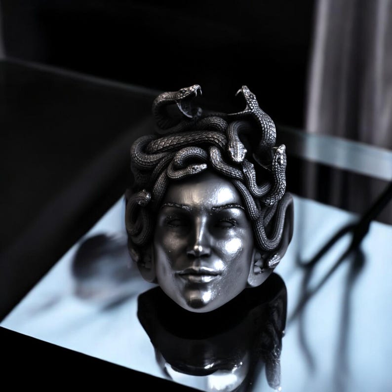 Handcrafted Medusa Head Ring Unisex Sterling Silver Statement Jewelry Gothic Black Rhodium ...