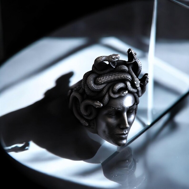 Handcrafted Medusa Head Ring Unisex Sterling Silver Statement Jewelry Gothic Black Rhodium ...