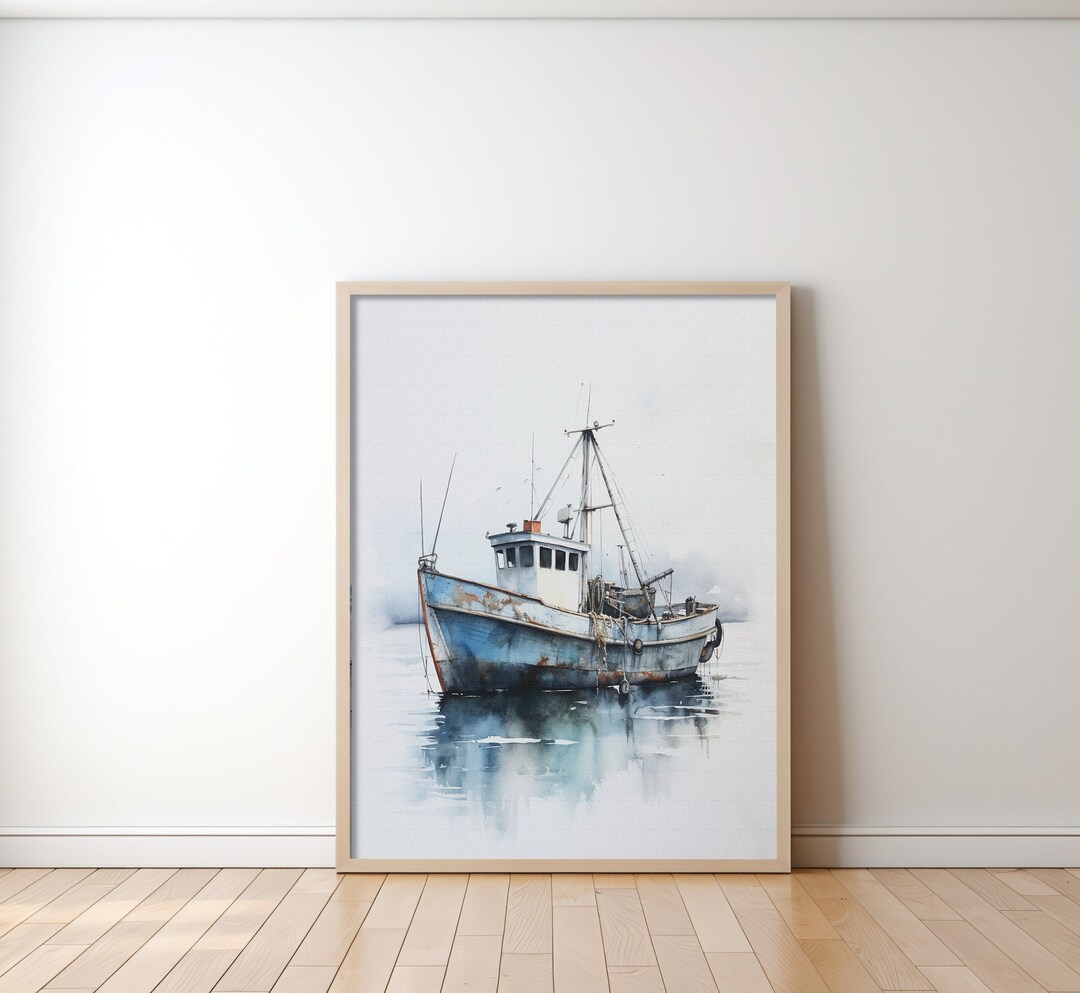 Fishing Boat Art, Instantly Printable, Watercolour and Charcoal Style ...