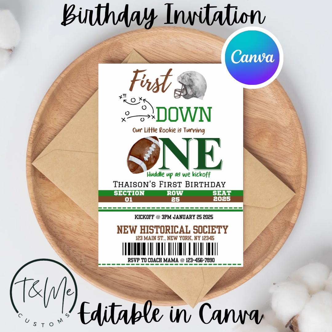 First Year Down Birthday Invite, Football Theme Invite, Football Boy ...