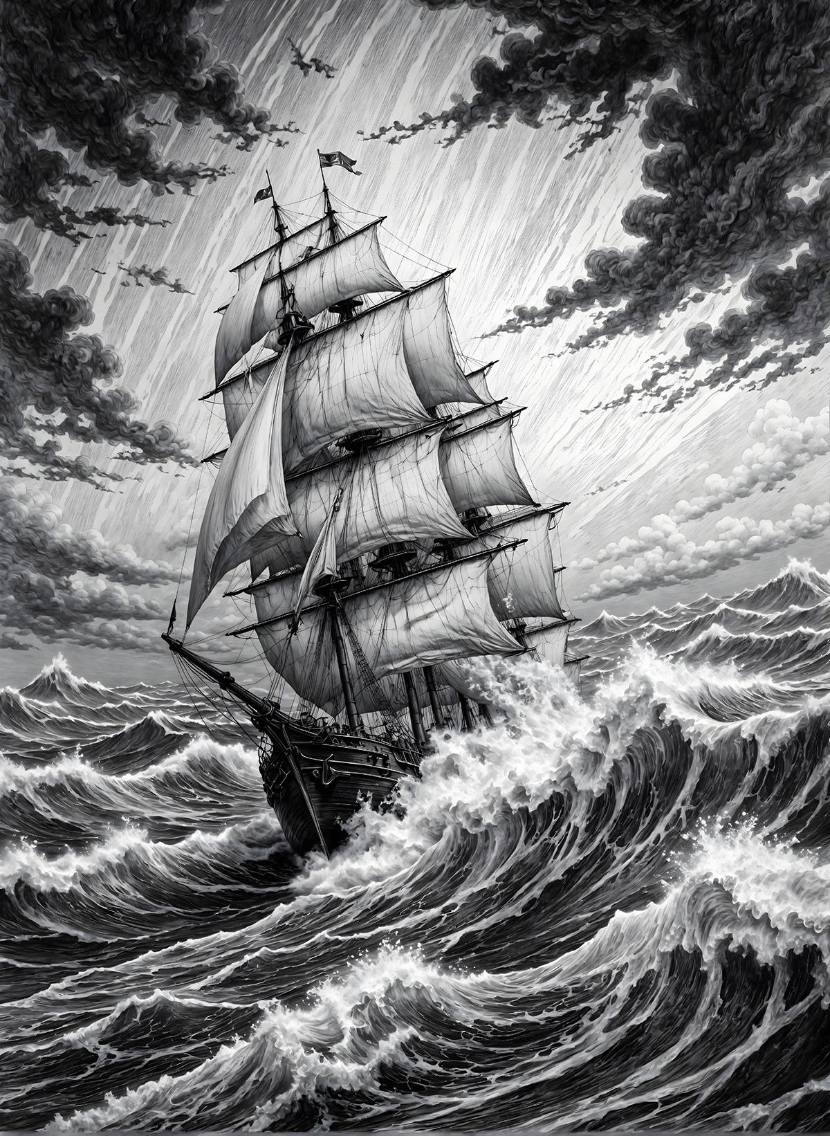 Sailing Ship Art Illustration, Black & White Stormy Sea Print, Nautical ...