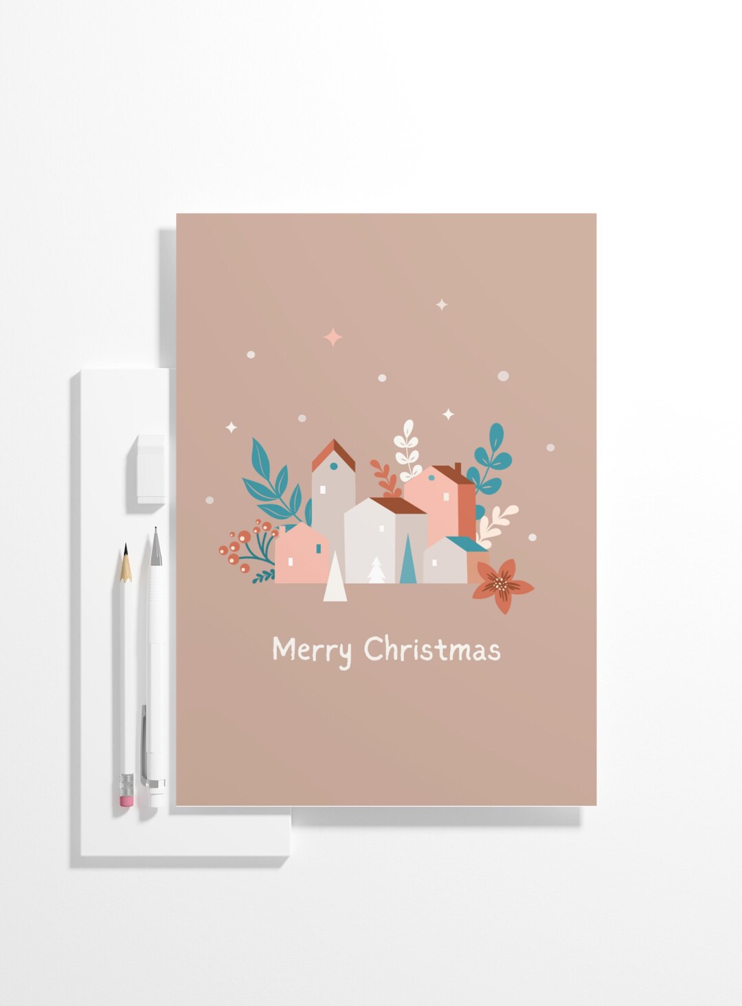 Brown Pastel Houses Christmas Card Design, Printable Digital Card ...