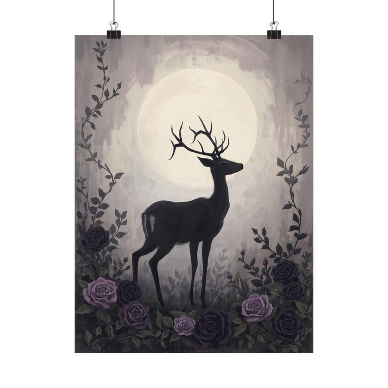 Soft Goth Deer Wall Art Print, Gothic Animal Poster, Mystical Moonlight ...