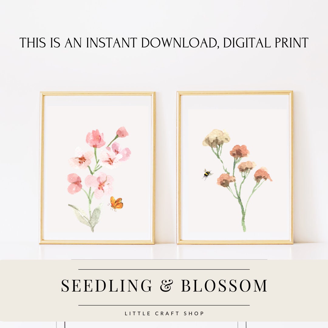 Flower Watercolor Print, Bees and Butterfly, Pollinator Print, Digital ...