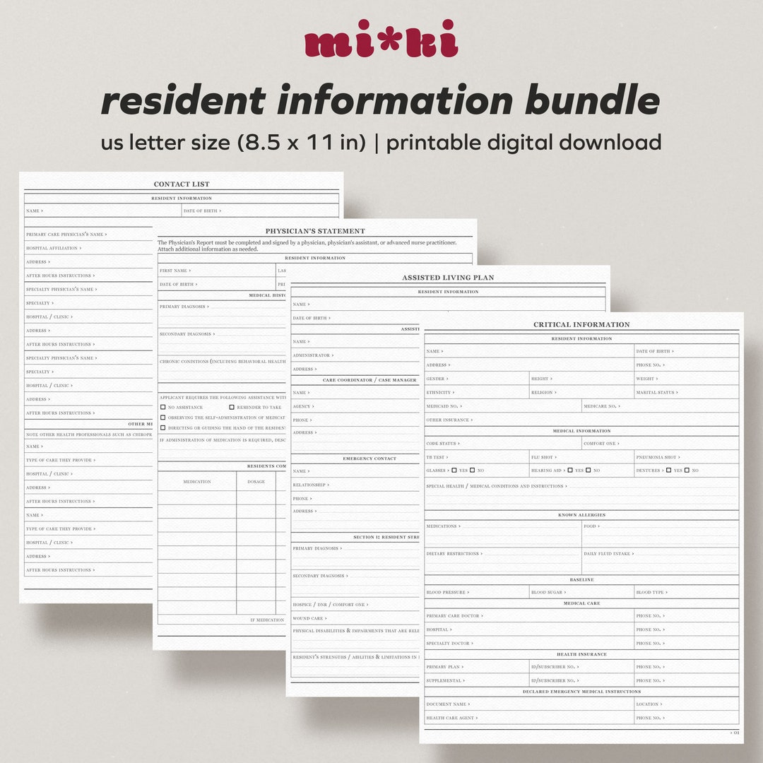 Resident Information Bundle Assisted Living Home PDF Template Caregiver ...