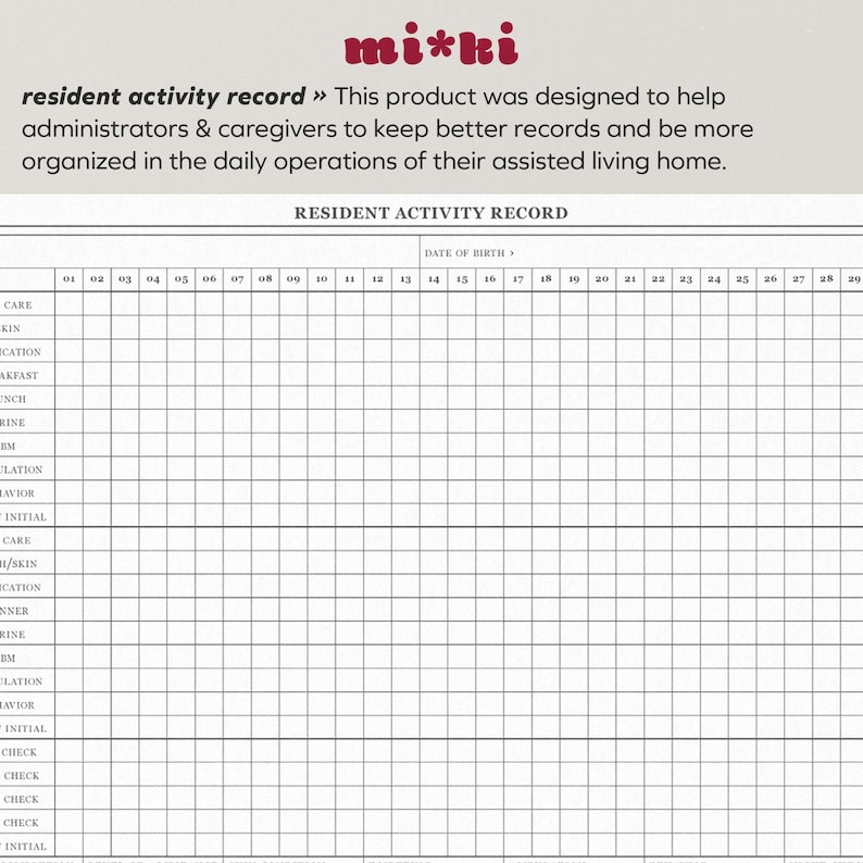 Resident Activity Record Assisted Living Home PDF Template Caregiver ...