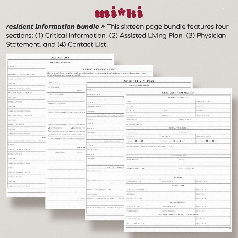 Resident Information Bundle Assisted Living Home PDF Template Caregiver ...