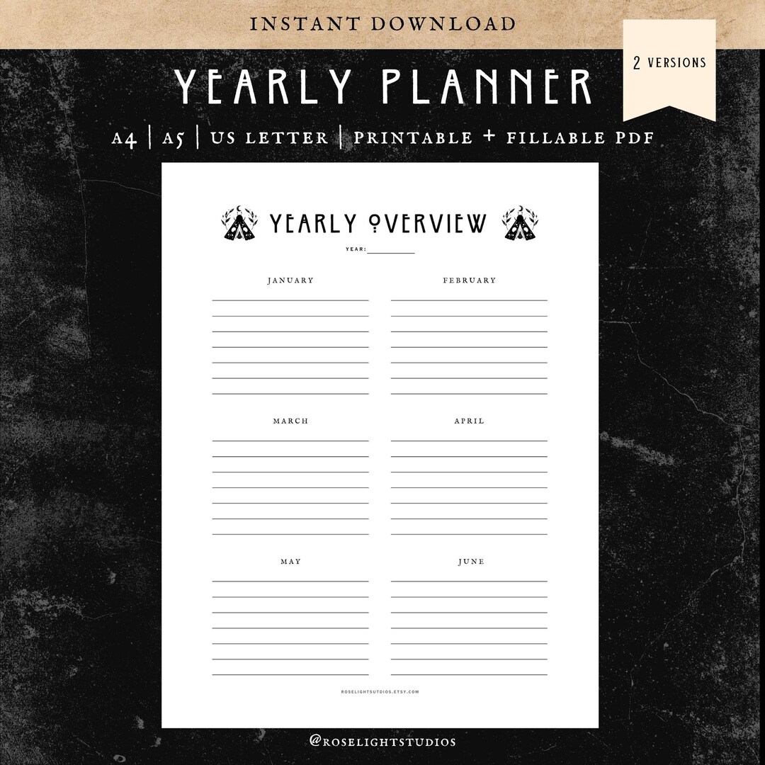 Yearly Overview Printable | Two Page Yearly Planner | Year at a Glance ...