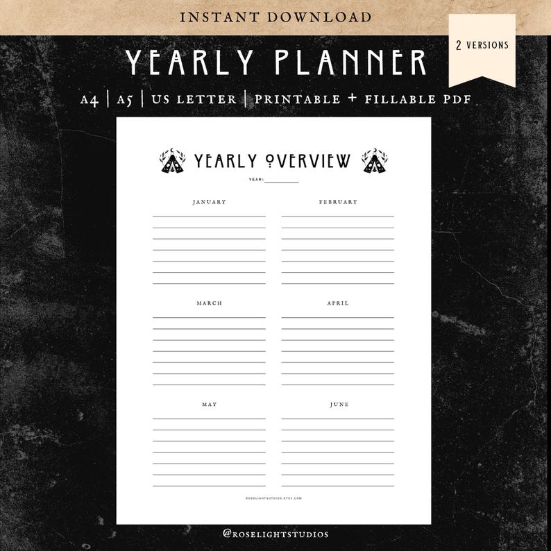 Yearly Overview Printable | Two Page Yearly Planner | Year at a Glance ...