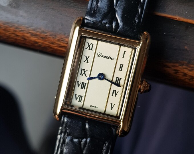 Vintage Size Tank Style Wrist Watch, 18k Gold Plated, Quartz Powered ...