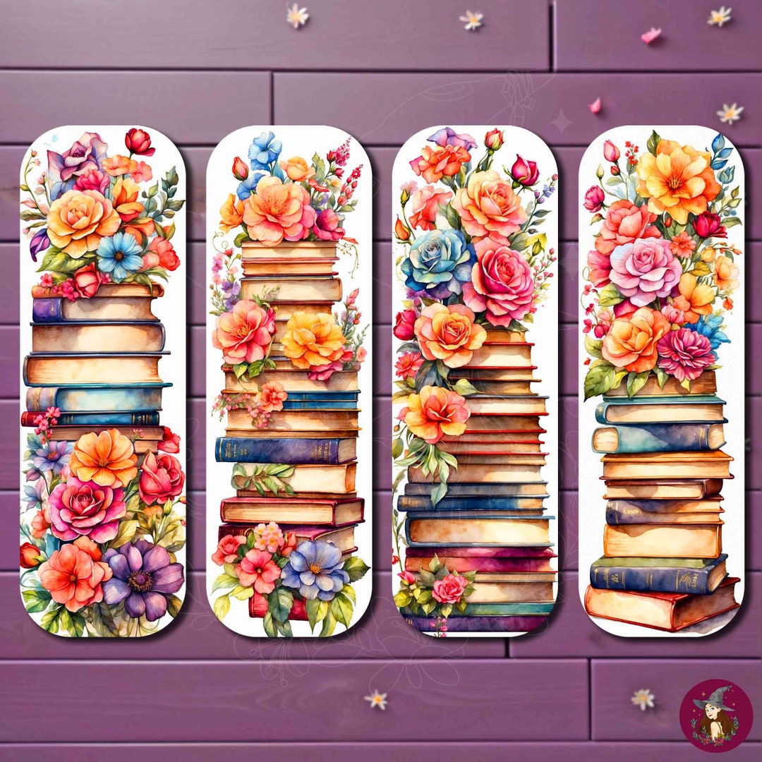 Floral Bookstack Laminated Bookmarks With Sticker - Etsy