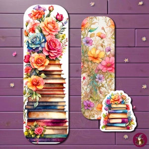 Floral Bookstack Laminated Bookmarks With Sticker - Etsy