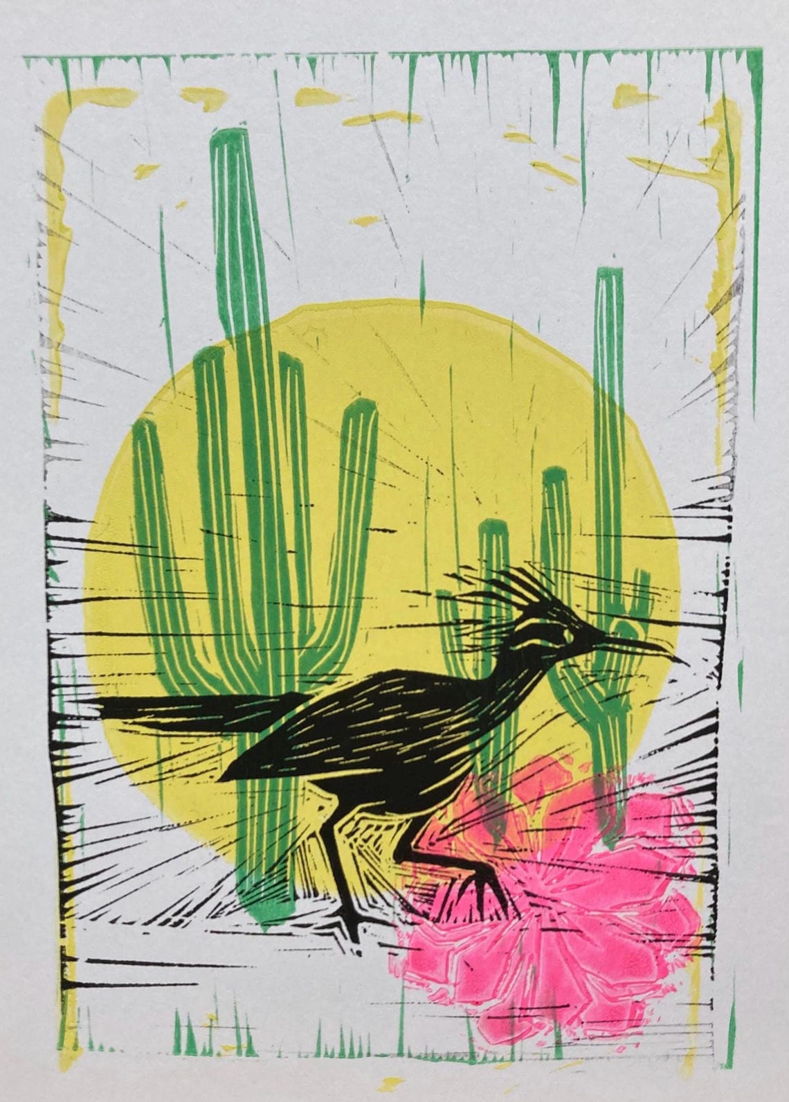 Roadrunner and Saguaro Block Print: Desert Bird Art, Matted Print or ...