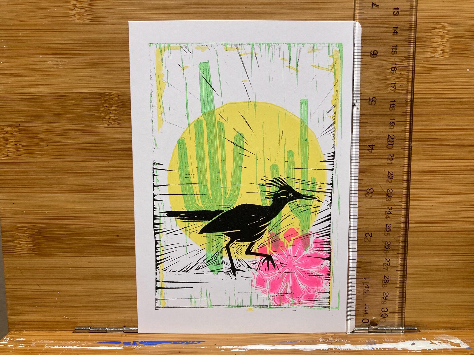 Roadrunner and Saguaro Block Print: Desert Bird Art, Matted Print or ...