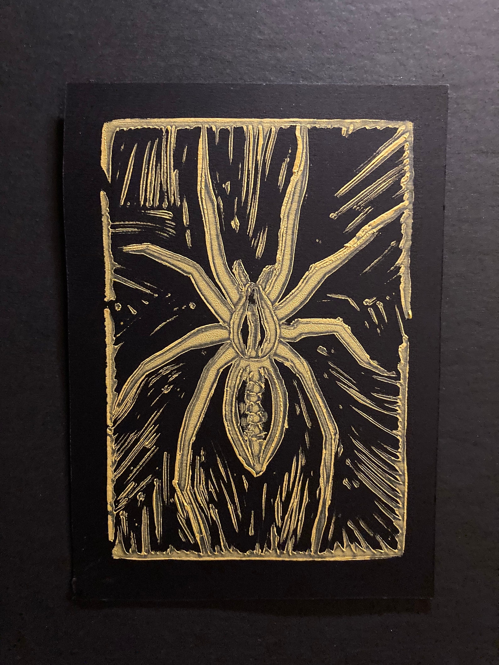 Grass Spider Block Print on Black Paper, Linocut Printed on 5x7 Paper ...