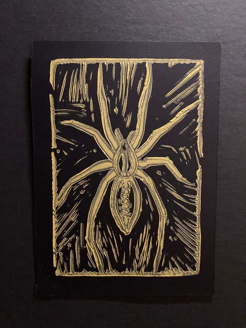 Grass Spider Block Print on Black Paper, Linocut Printed on 5x7 Paper ...