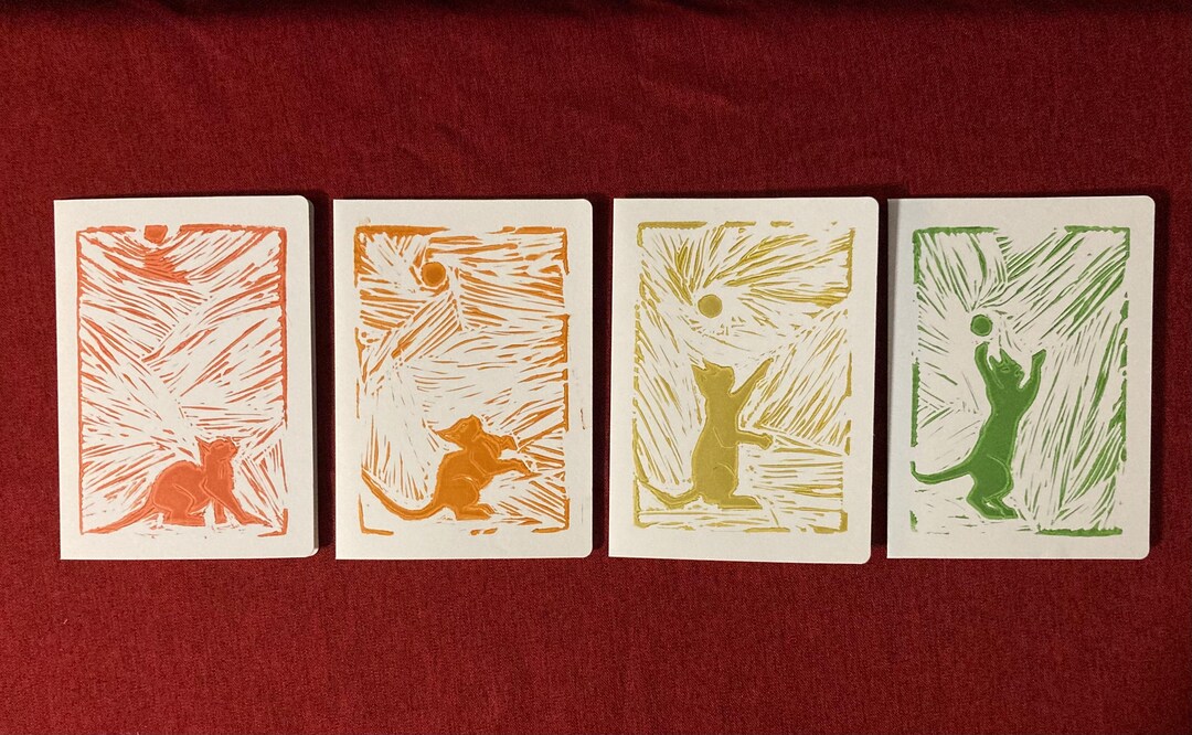 Handmade Jumping Kitten Card Set: Block Printed Greeting Cards - Etsy