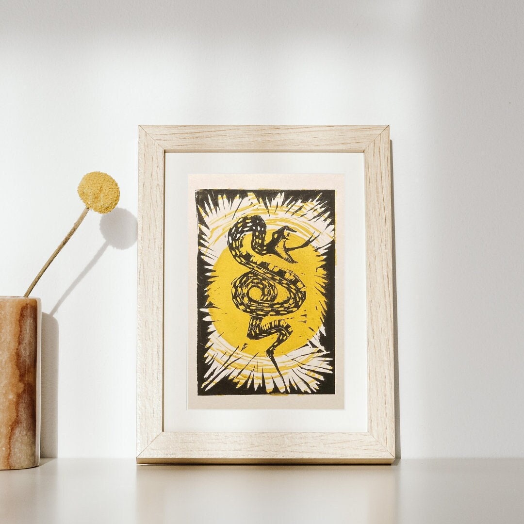 Snake Block Print With Gold Sun Background. Linocut Printed - Etsy