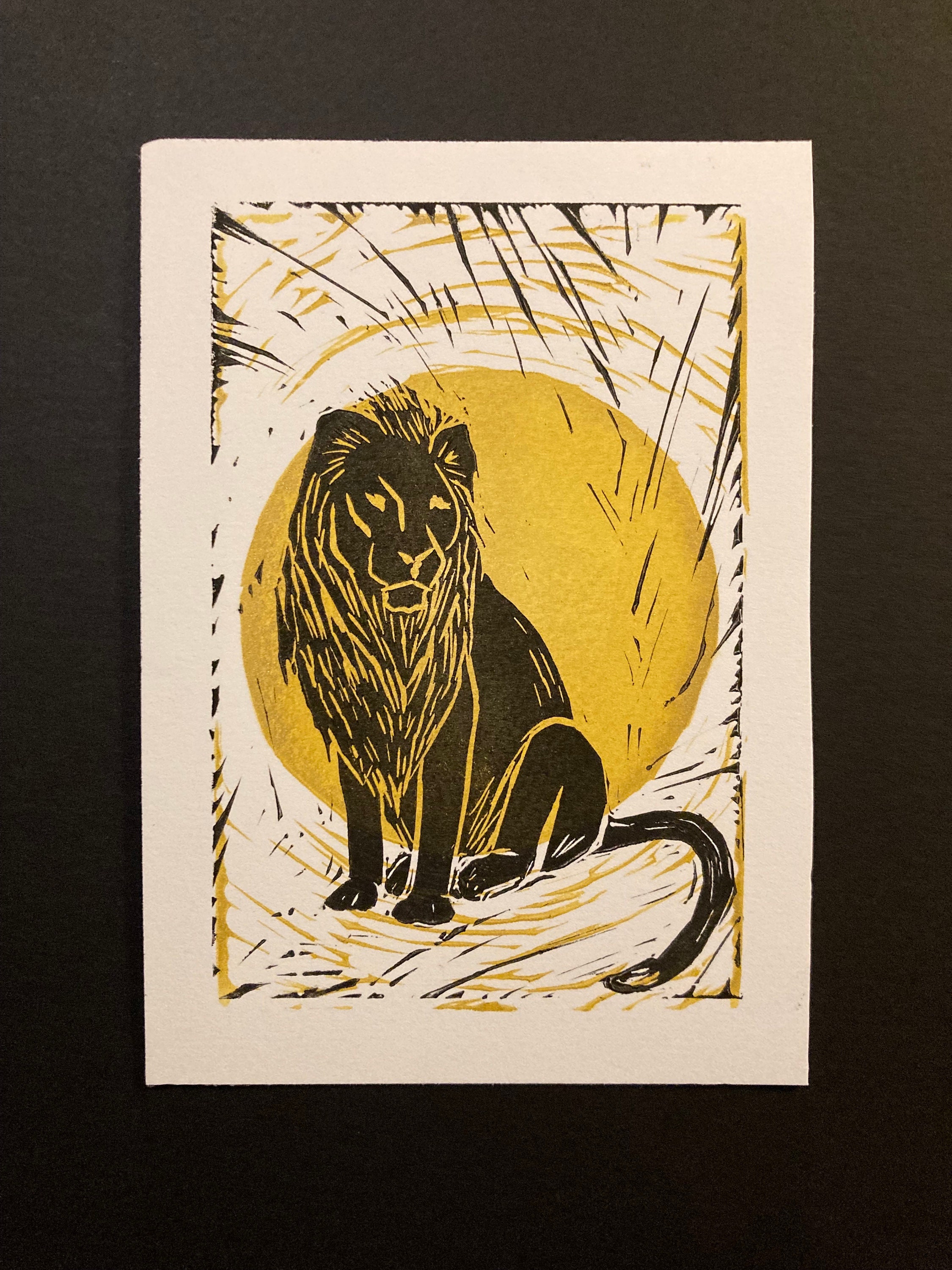 Lion Block Print With Gold Sun Background. 4x6 Linocut - Etsy