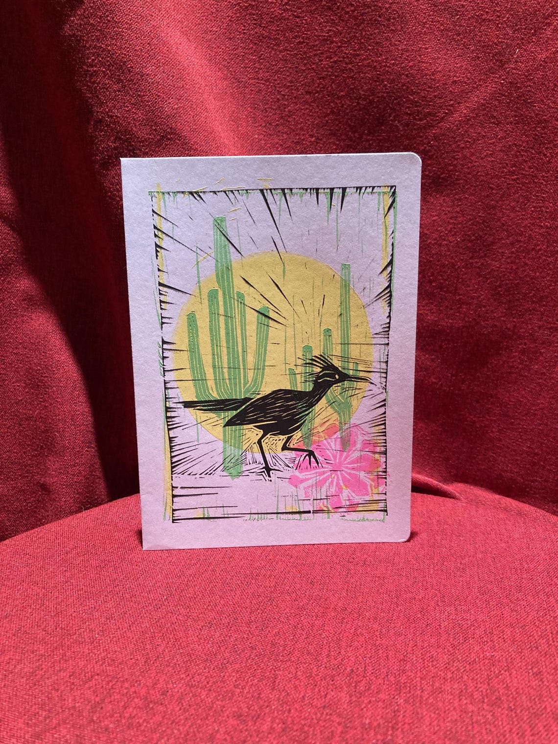 Roadrunner and Saguaro Block Print: Desert Bird Art, Matted Print or ...