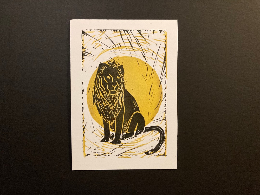 Lion Block Print, With Gold Sun Background. 4x6" Image. Handmade Crafts ...