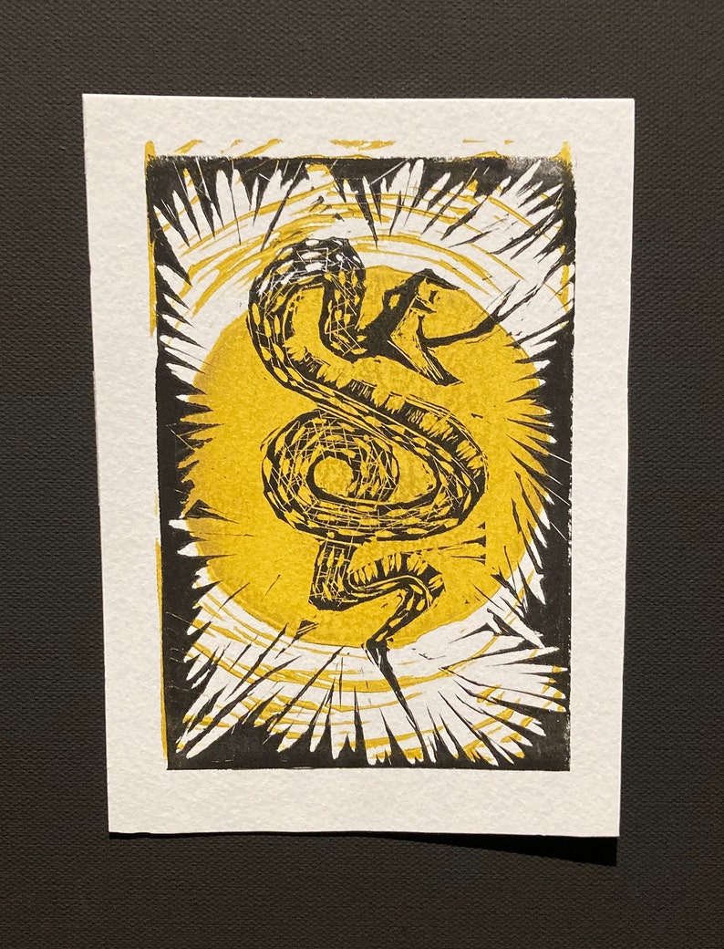 Snake Block Print, With Gold Sun Background. Linocut Printed on 5x7 ...