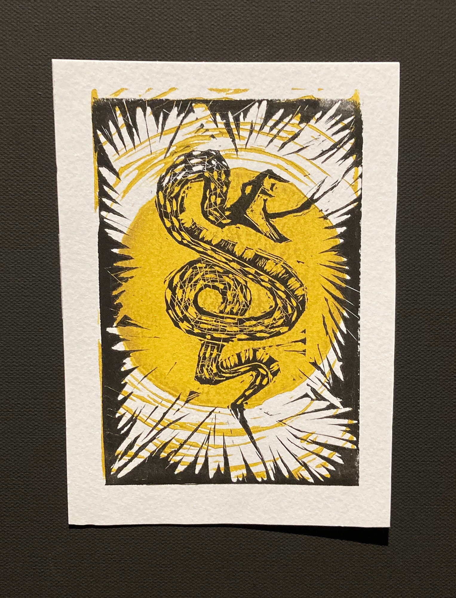 Snake Block Print, With Gold Sun Background. Linocut Printed on 5x7 ...