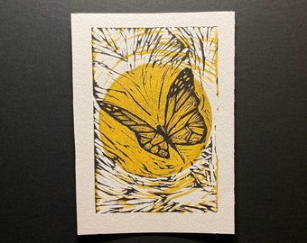Snake Block Print, With Gold Sun Background. Linocut Printed on 5x7 ...