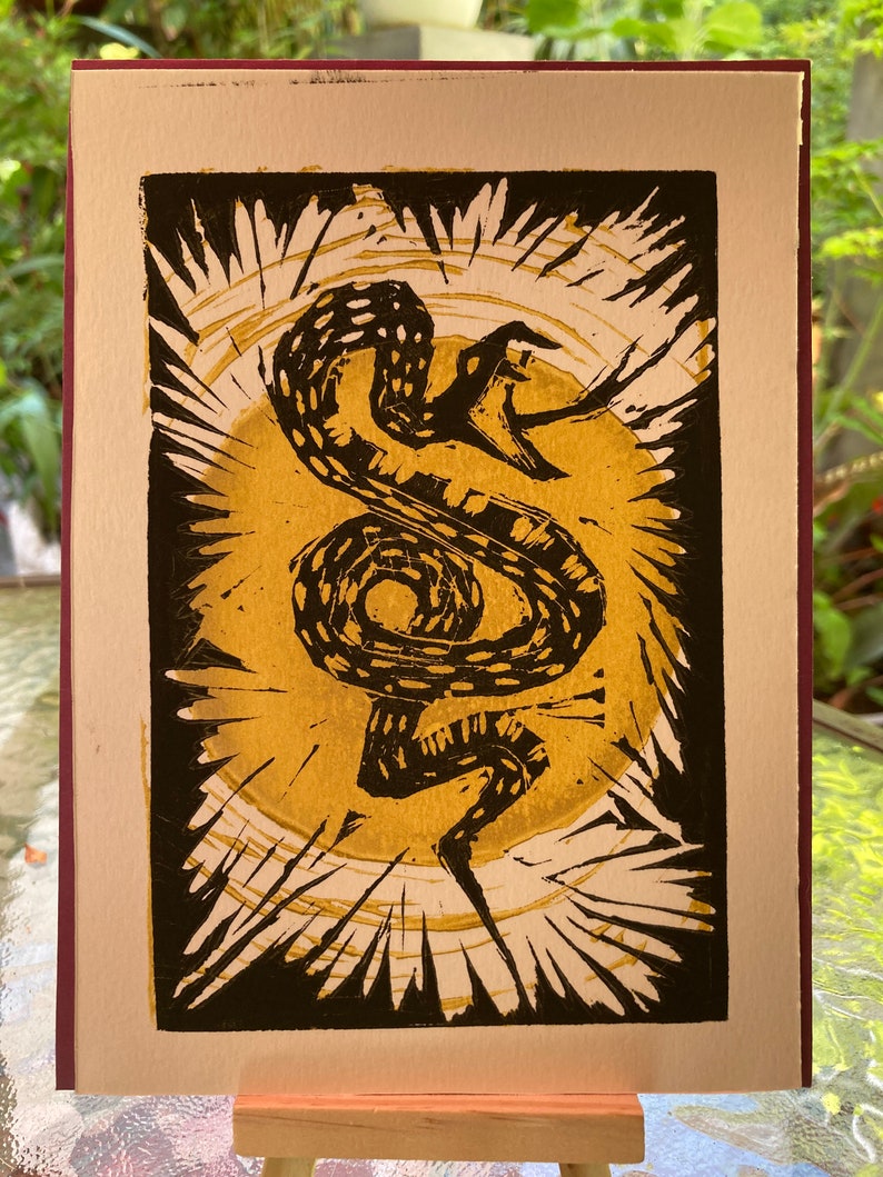 Snake Block Print, With Gold Sun Background. Linocut Printed on 5x7 ...