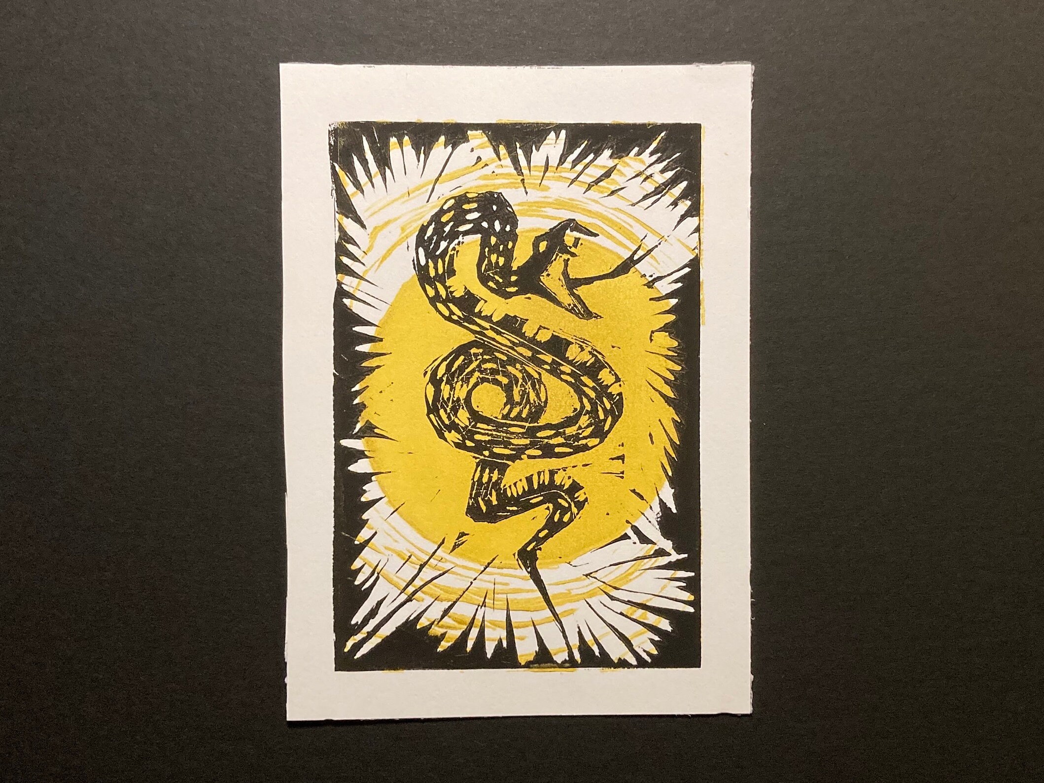 Snake Block Print With Gold Sun Background. Linocut Printed - Etsy