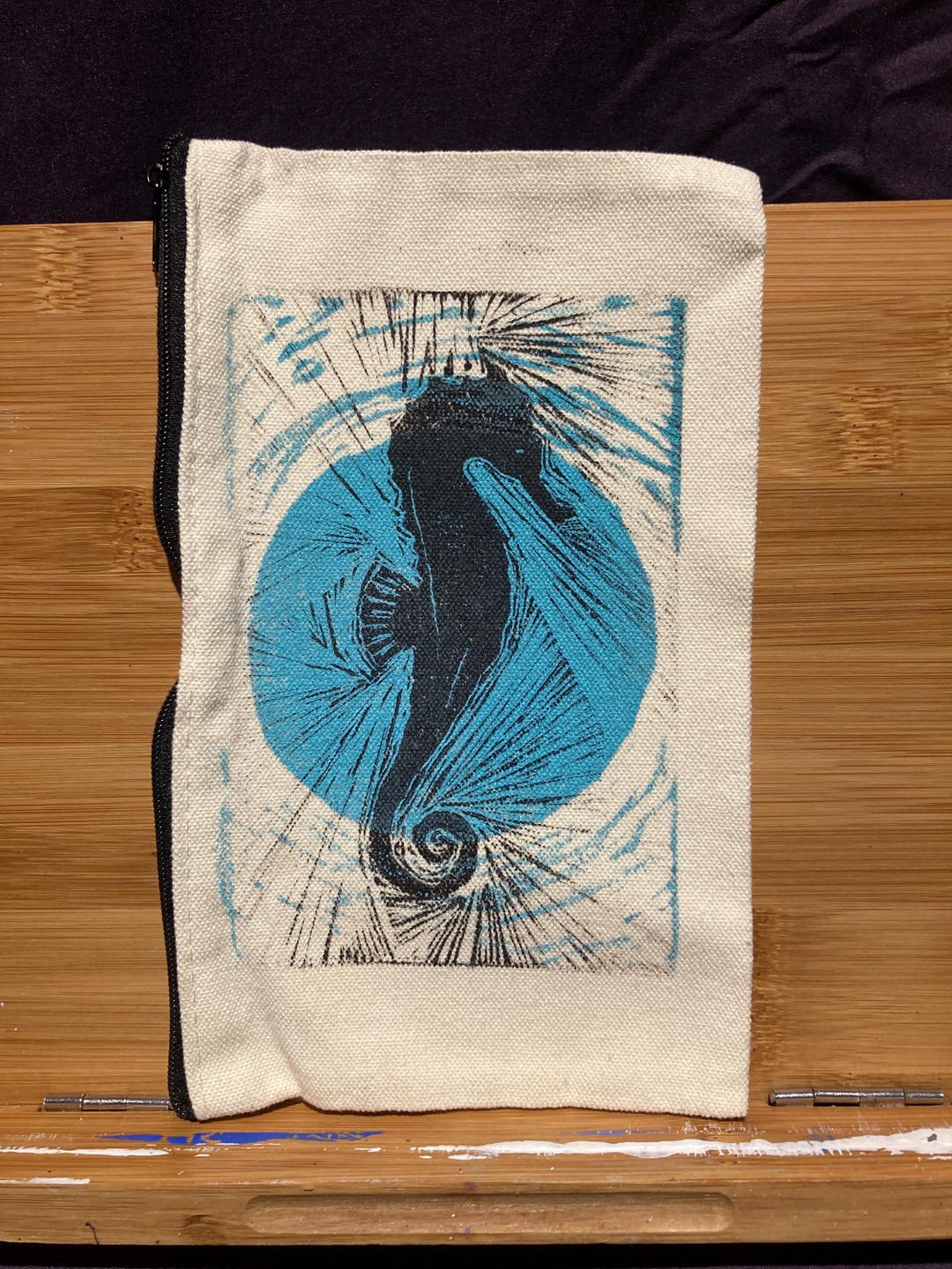 Seahorse Block Printed on a Small Bag. 5x8" Multipurpose Canvas Zipper ...
