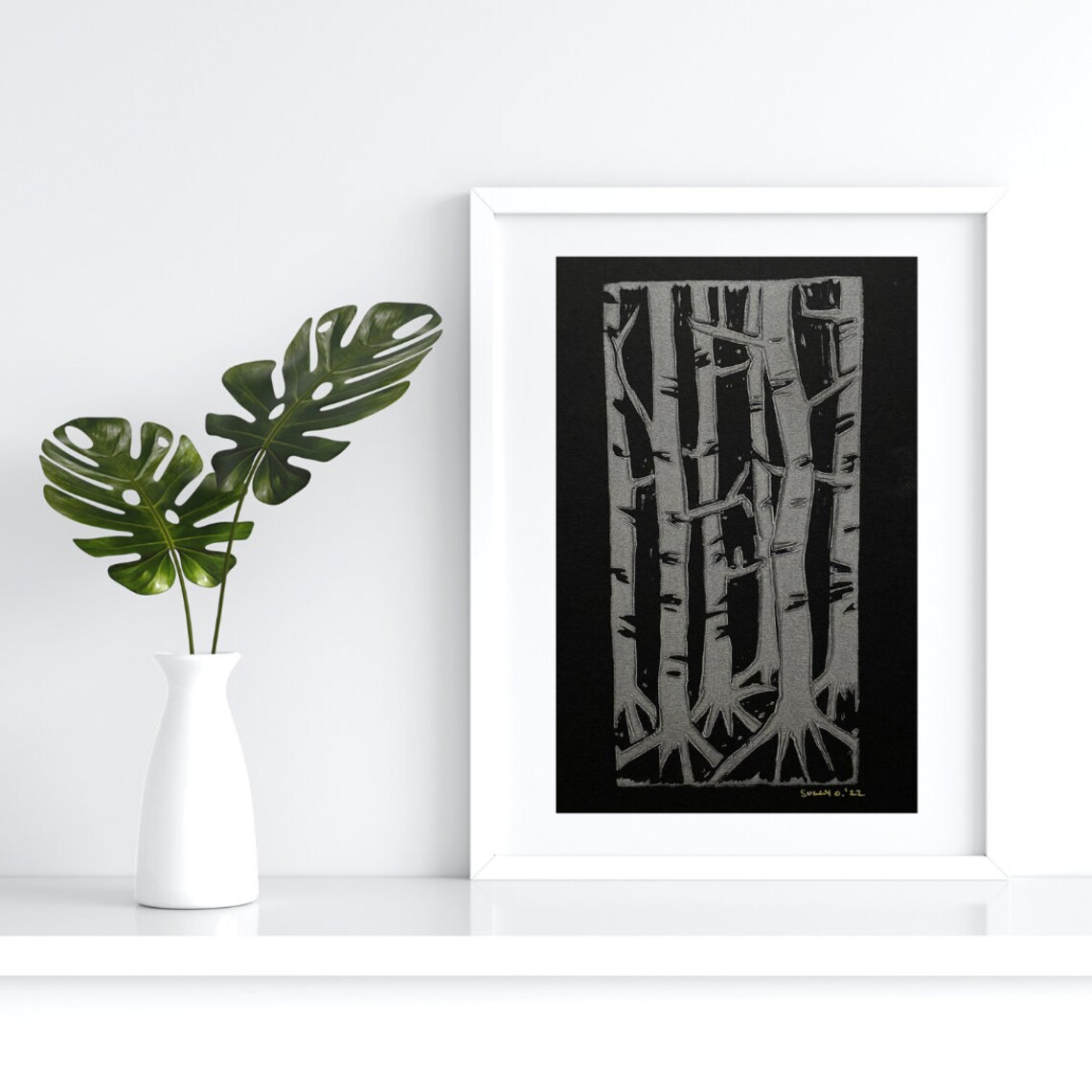 Silver Birch Trees Block Print, Linocut Printed on 6x9” Black Paper ...