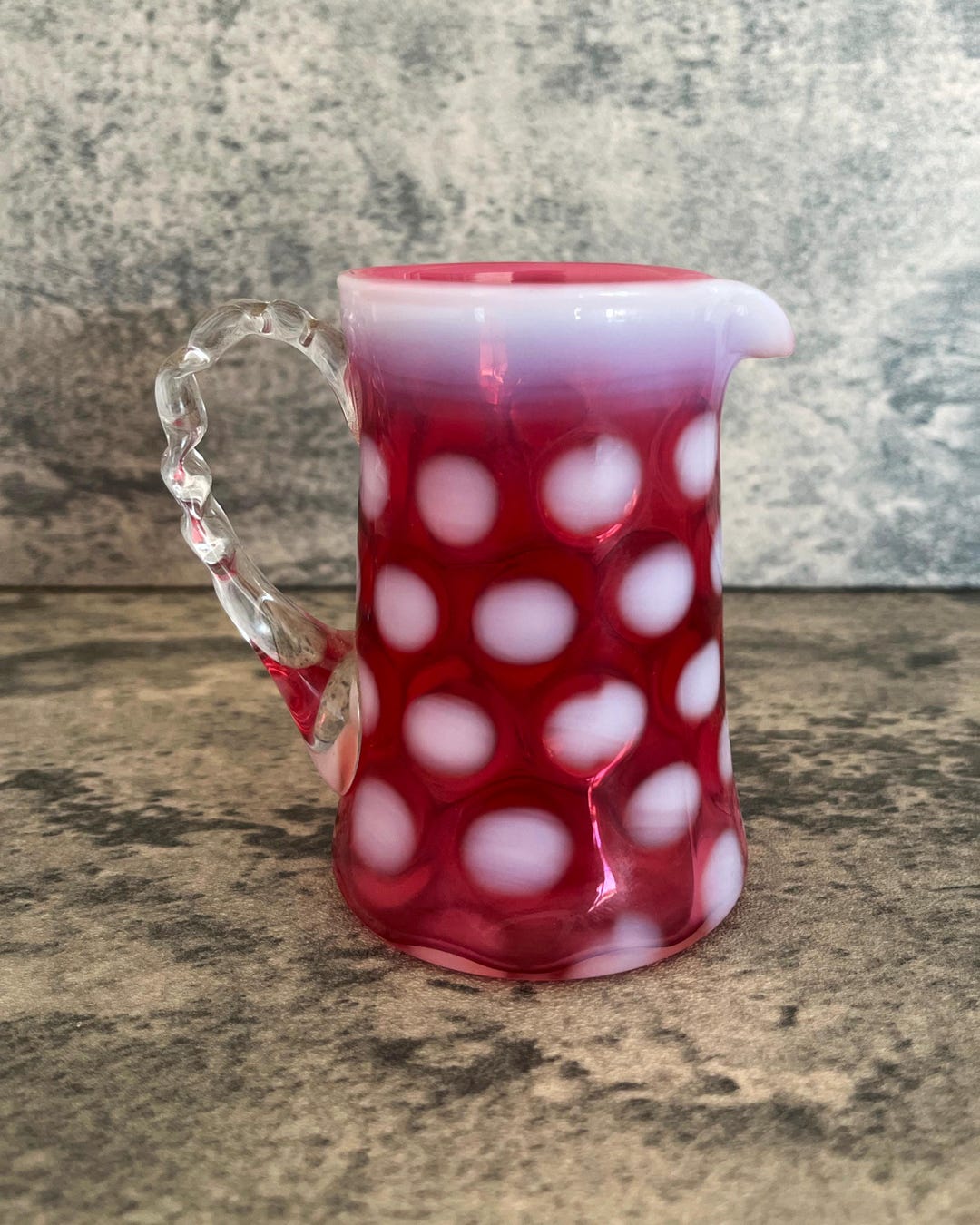 FENTON // 1940s Cranberry + White Coin Dot Blown Glass Pitcher - Etsy