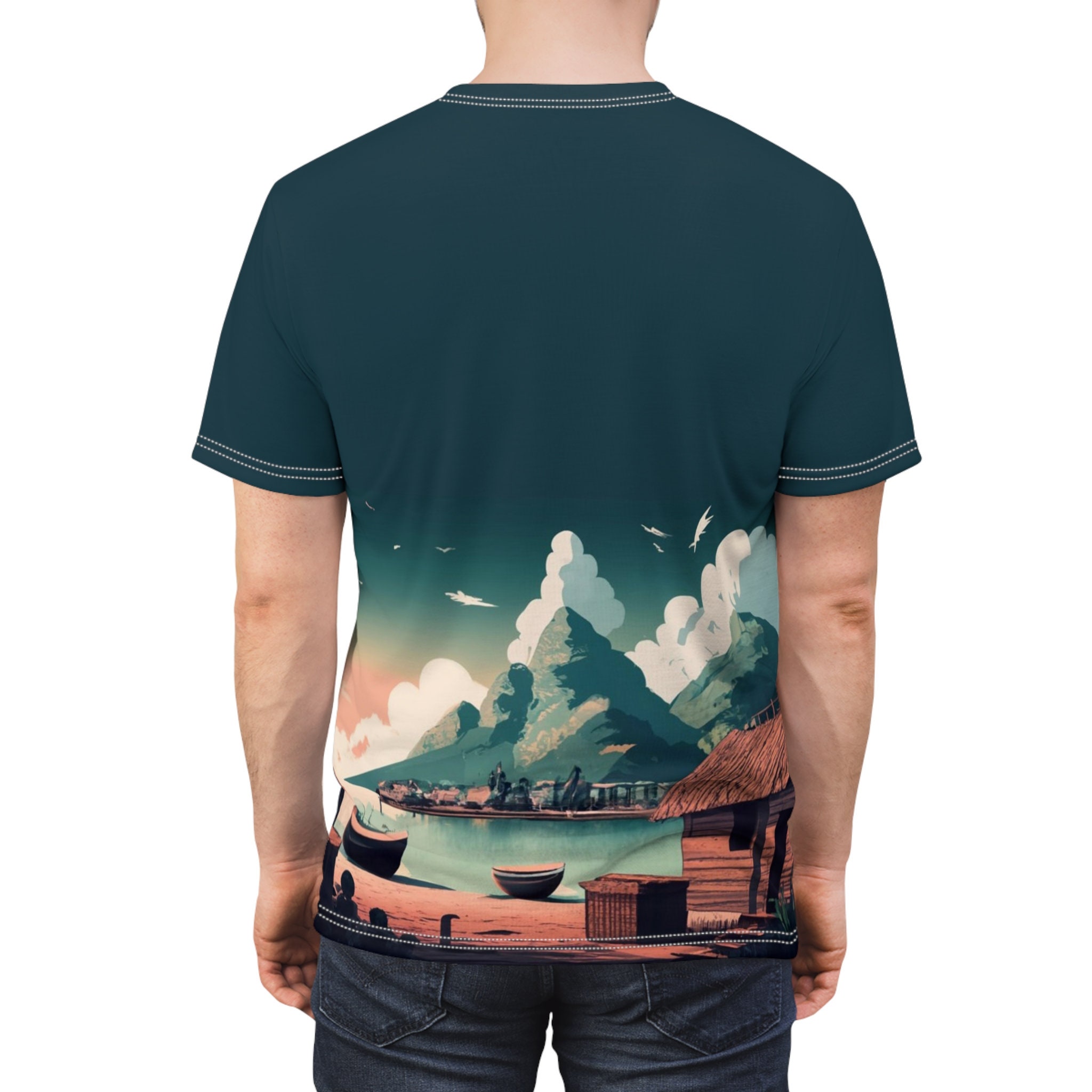 Mountain Village Tee Tranquil Lakeside Scene: Vibrant Nature Art ...