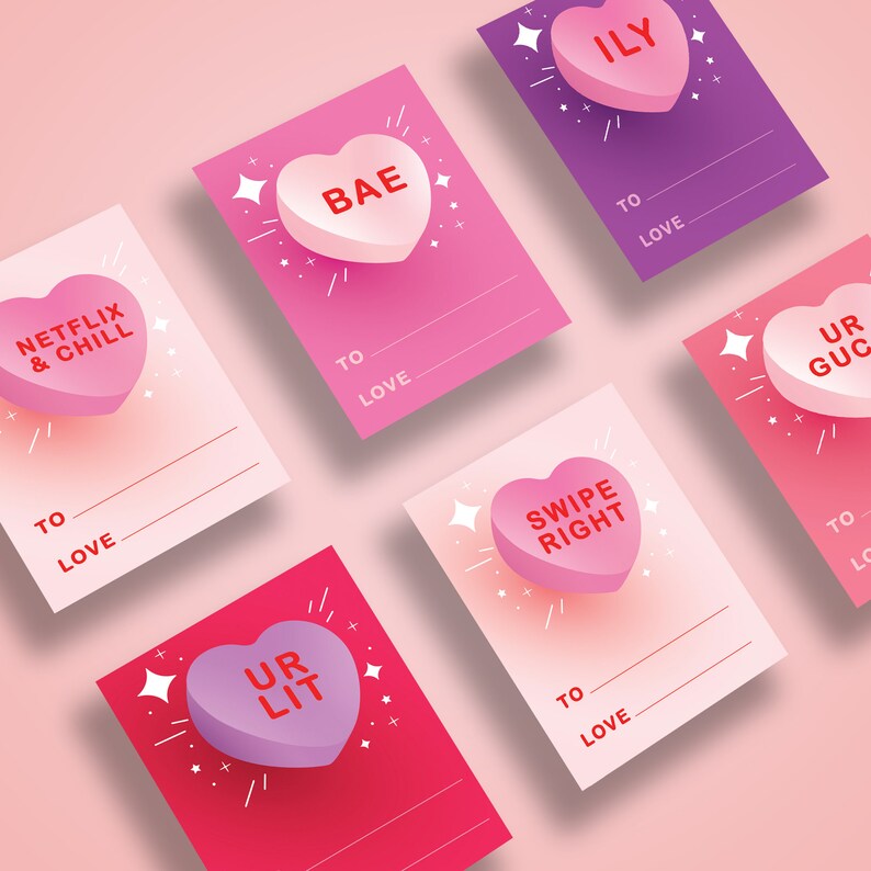 Valentine's Day Cards Conversation Hearts Millennial Themed Digital ...