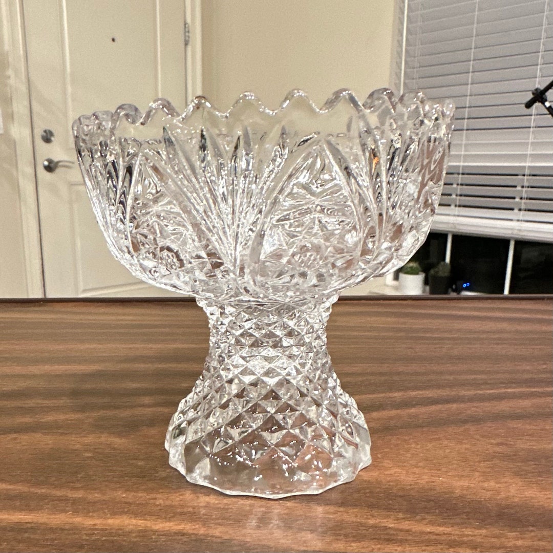 Vintage Pressed Cut Glass Sawtooth Rim Pedestal Candy Nut Bowl Compote ...