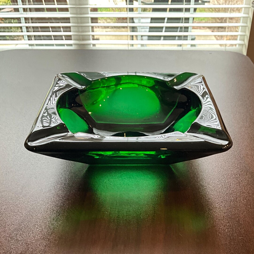 Vintage Heavy Glass Emerald Green Ashtray, Green Glass Ashtray, Vintage ...