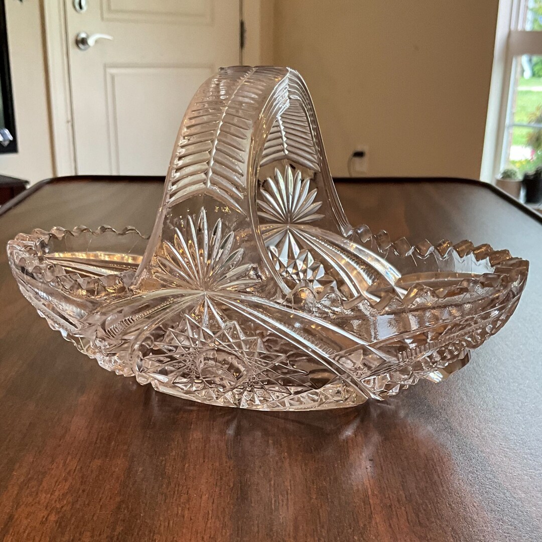 Vintage Cut Glass Starburst Sawtooth Rim Crystal Bridal Basket Split ...