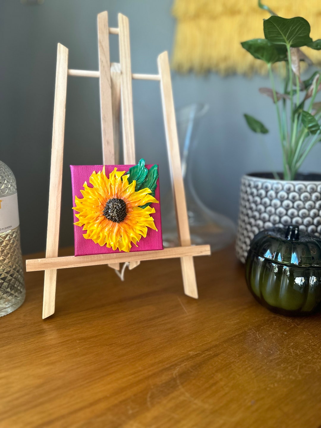 4” X 4” Thick and Heavy Textured 3-D Sunflower on Violet 1 1/2” Back ...