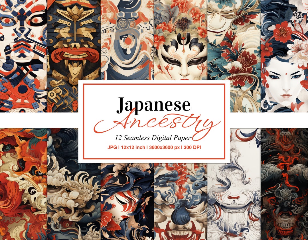 Ancient Japanese Mask Seamless Pattern, Japanese Culture Digital Paper ...