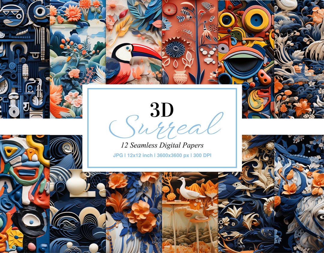 3D Surreal Art Seamless Patterns, Surrealism Digital Paper, Abstract 3D ...