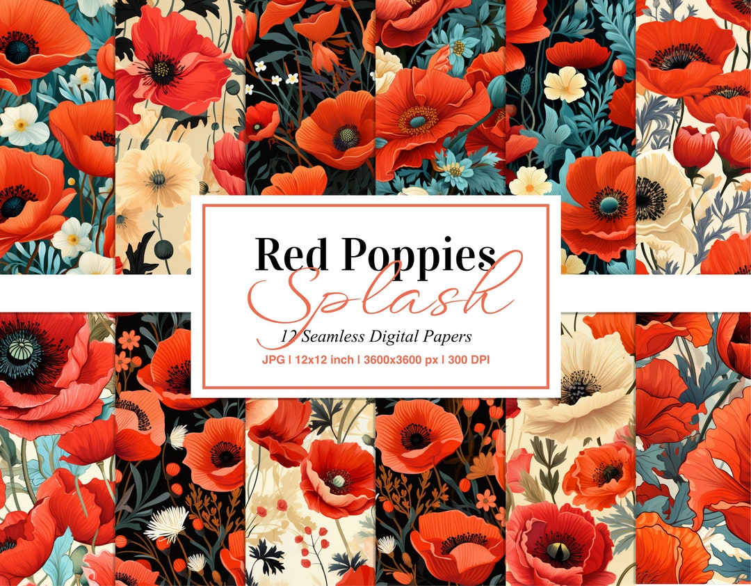 Red and White Poppies Seamless Pattern , Poppy Flower Digital Paper ...