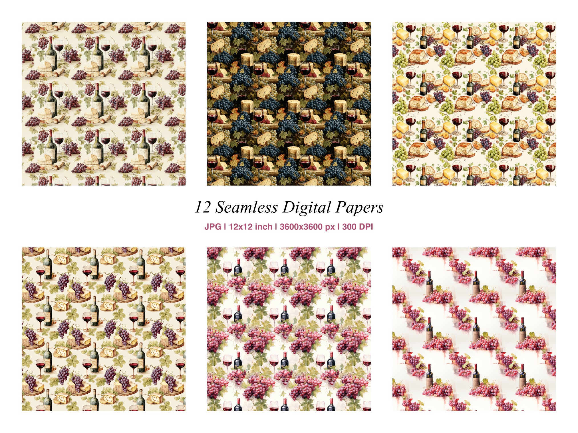 Wine Seamless Patterns, Vino Digital Paper, Grape Vine Digital ...