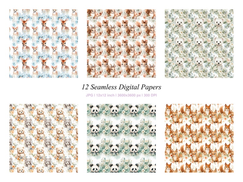 Baby Animal and Nature Seamless Patterns, Forestscape Baby Animals ...